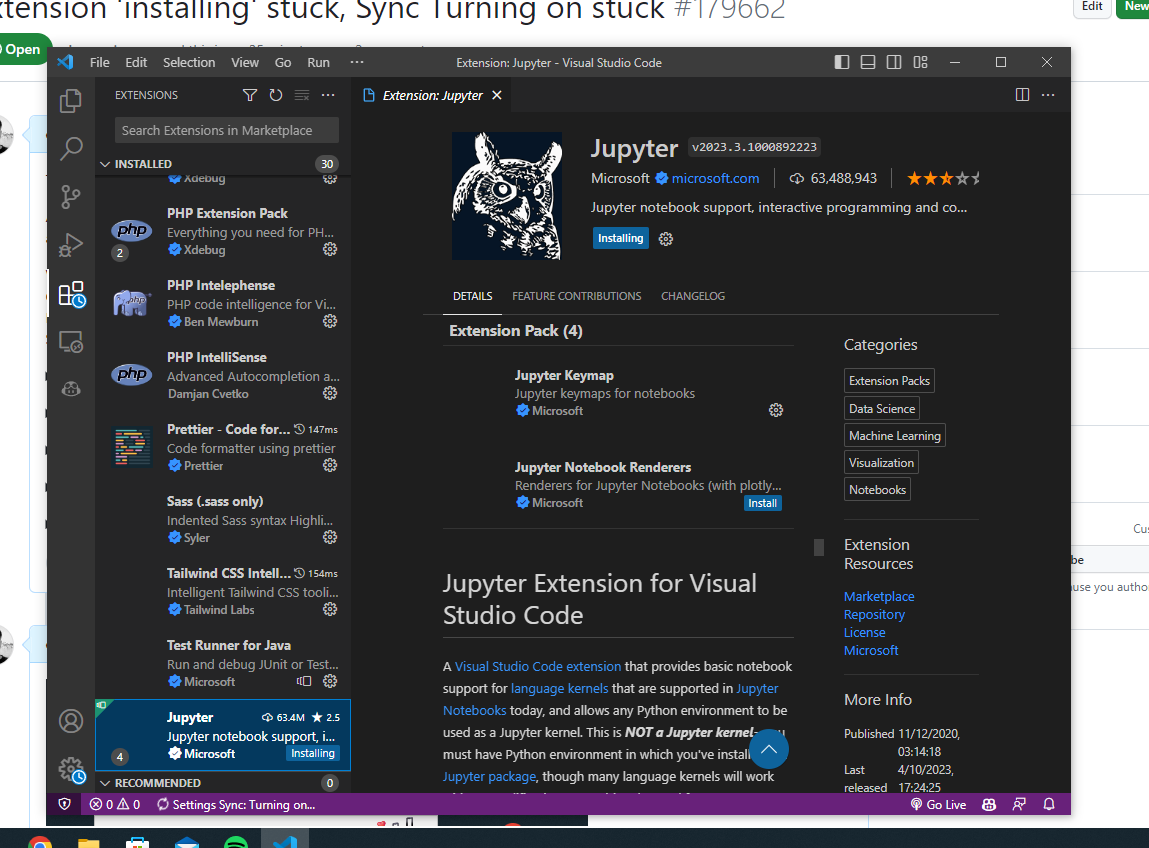 Extension 'installing' stuck, Sync Turning on stuck · Issue #179662 · microsoft/vscode · GitHub