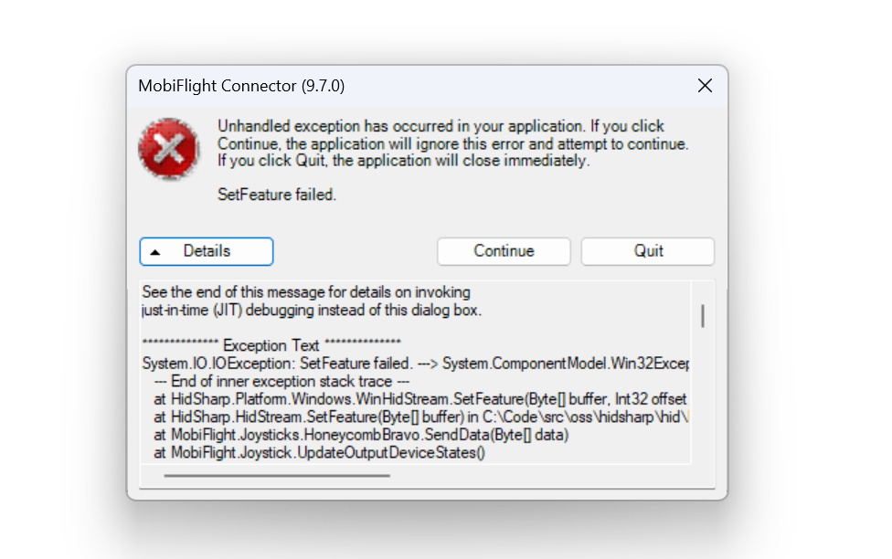 An exception dialog related to the SetFeature of Honeycomb Joystick ...