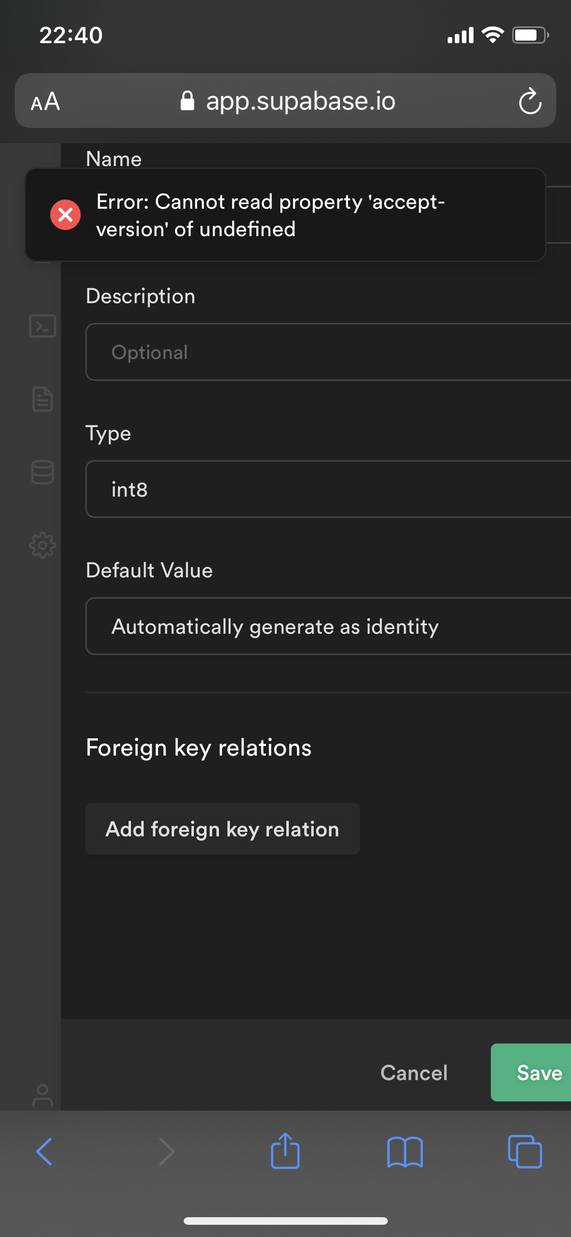 Error: cannot read property „accept-version“ of undefined when setting a default for int column ...