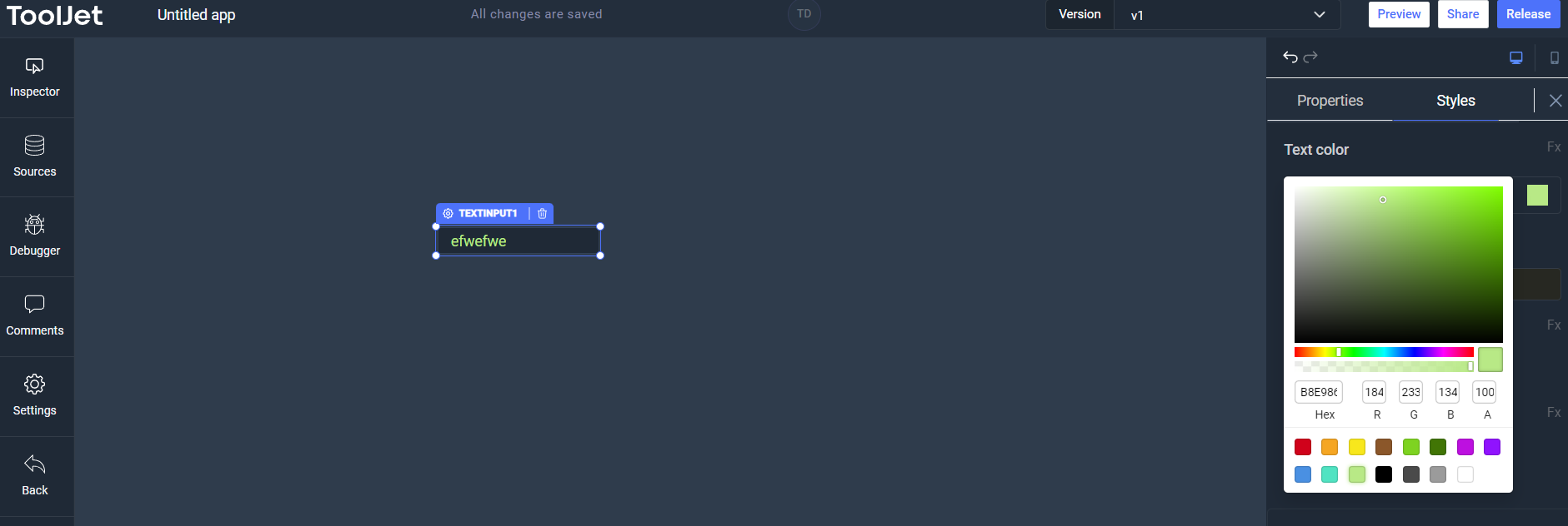 Add text color style in text input widget · Issue #4183 · ToolJet/ToolJet · GitHub