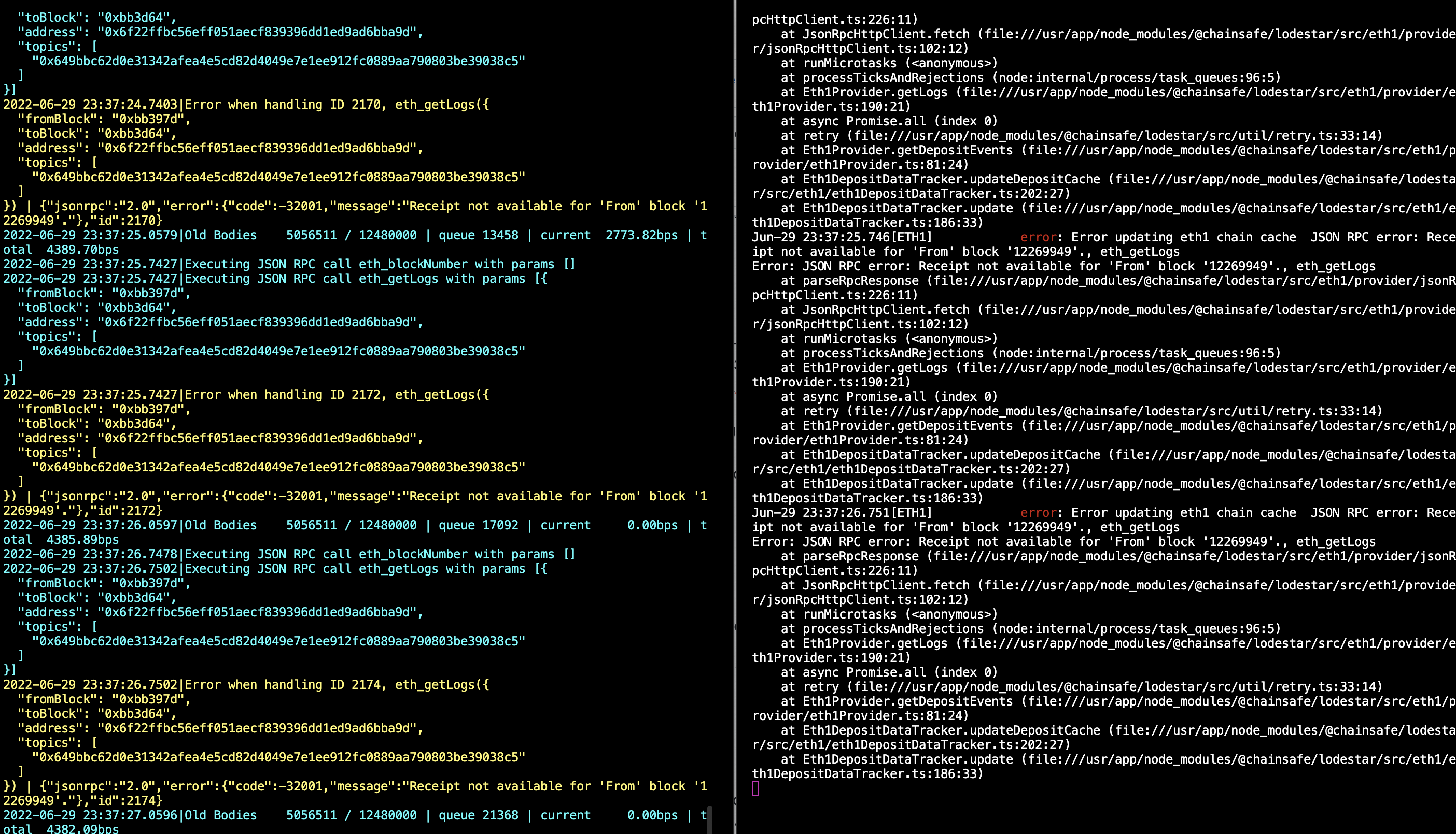 Syncing with beacon node repeatedly displays "Receipt not available ...