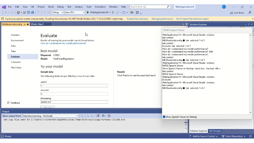 A11y_Model Builder_Evaluate_Predict_Status Messages : After pressing enter on 'Predict' button ...