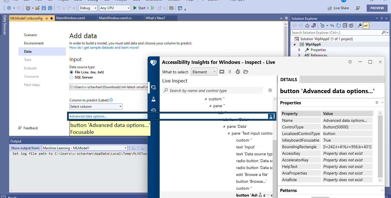 A11y Model Builder Add Data Advanced Data Option Usability Advanced