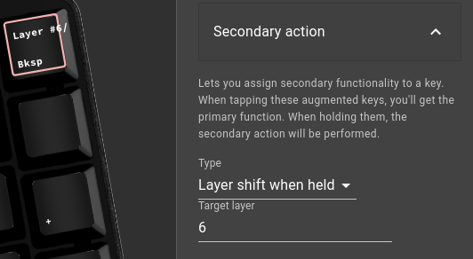 unable to assign a layer shift **secondary action** to **backspace** key on default layout ...
