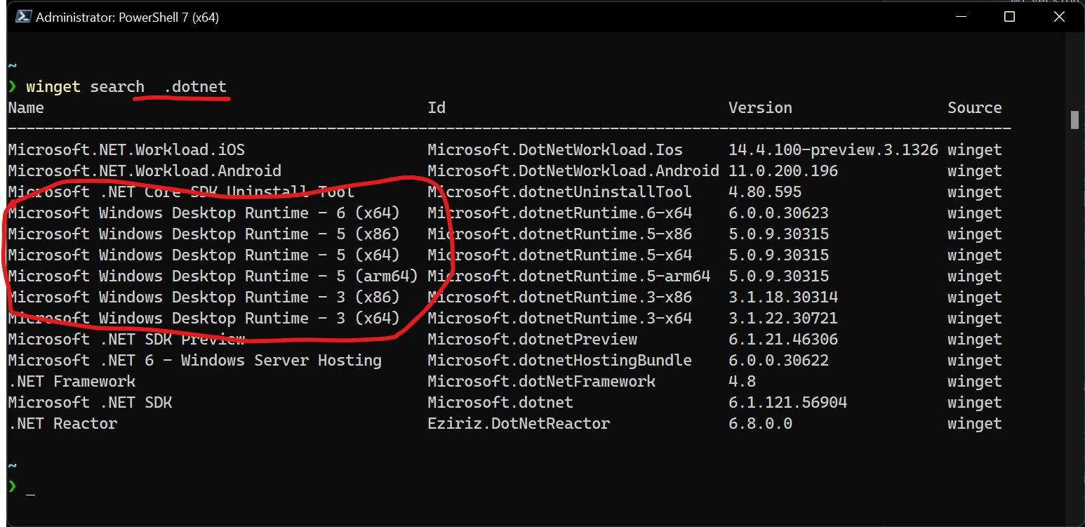 winget install -e --install Microsoft.dotnet -v 5.0.303 - No version found matching: 5.0.303 ...