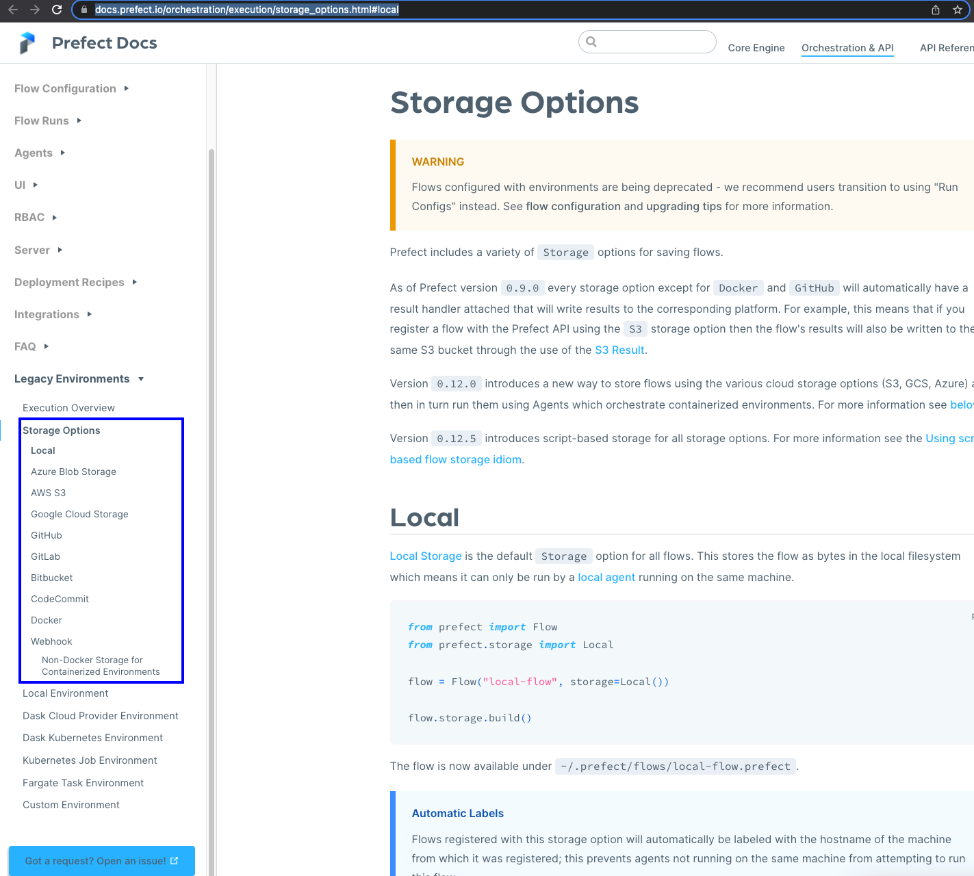 Storage options should be moved from the "Legacy Environments" section ...