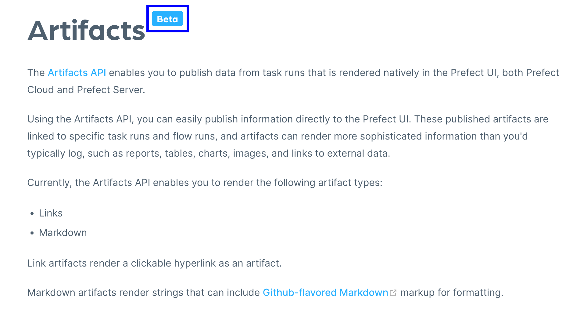 Drop the BETA mark from Artifacts in the docs · Issue #5482 · PrefectHQ/prefect · GitHub