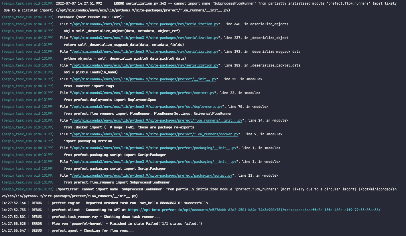 Flow run with Ray and agent throws: `ImportError: cannot import name 'SubprocessFlowRunner' from ...