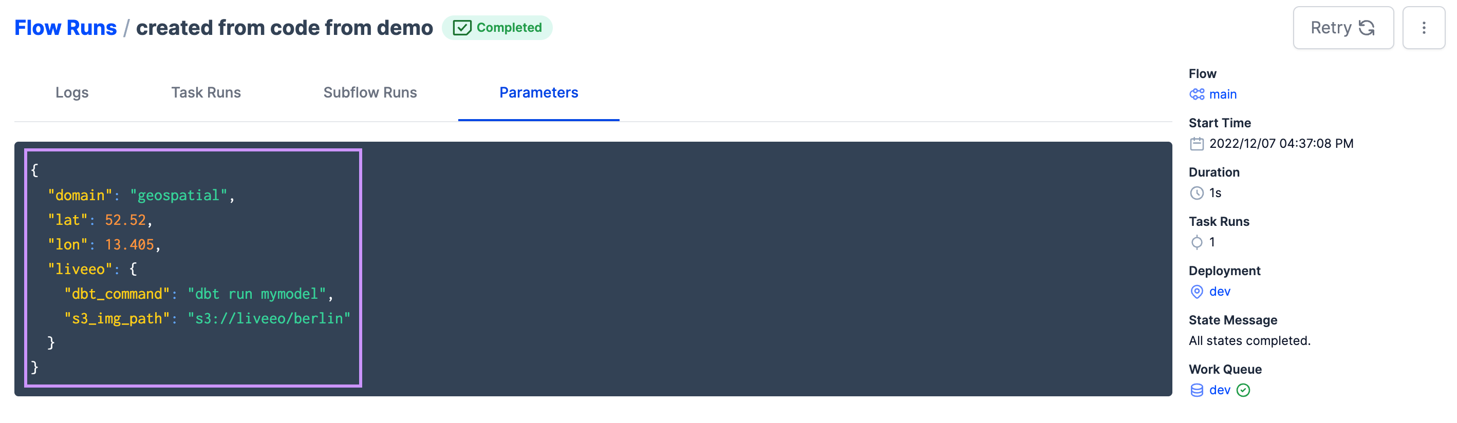 Add ability to create a new flow run from the UI with custom default parameter values taken from ...