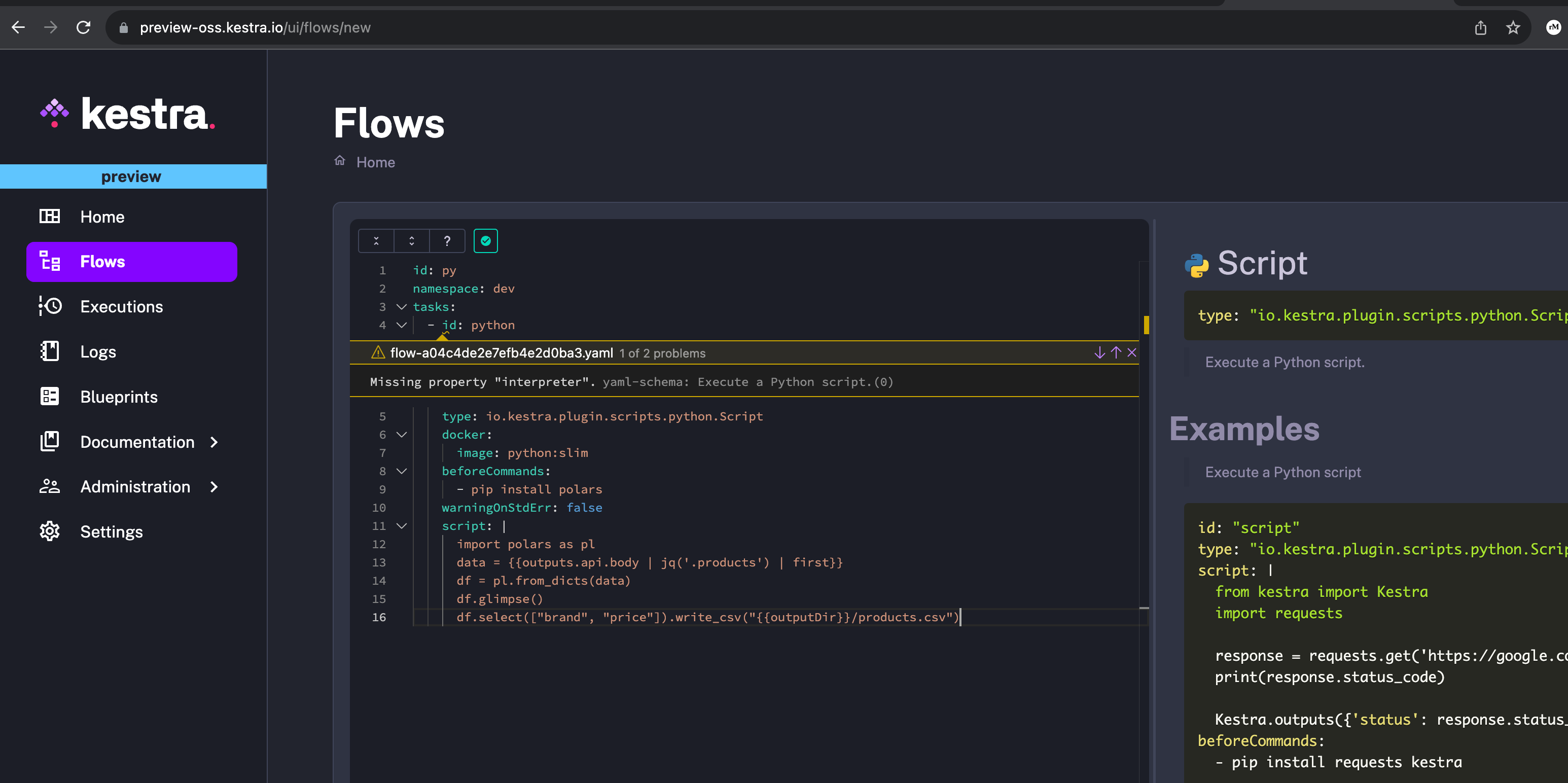 [ui] Remove The Interpreter And Runner Warning In The Code Editor · Issue 80 · Kestra Io Plugin