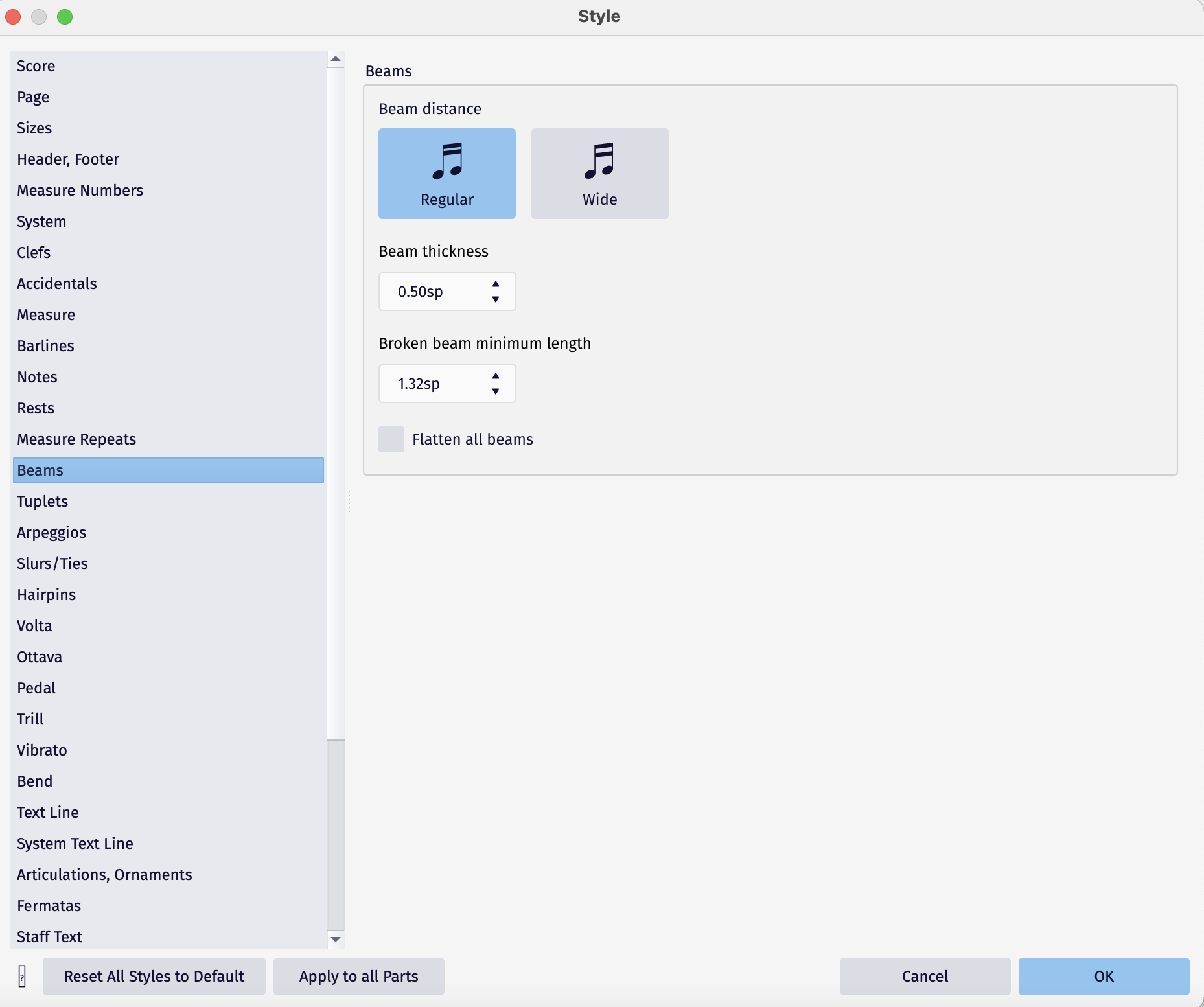 [MU4 Task] Remove 'beam distance' setting and replace with toggle switches (Styles dialog ...