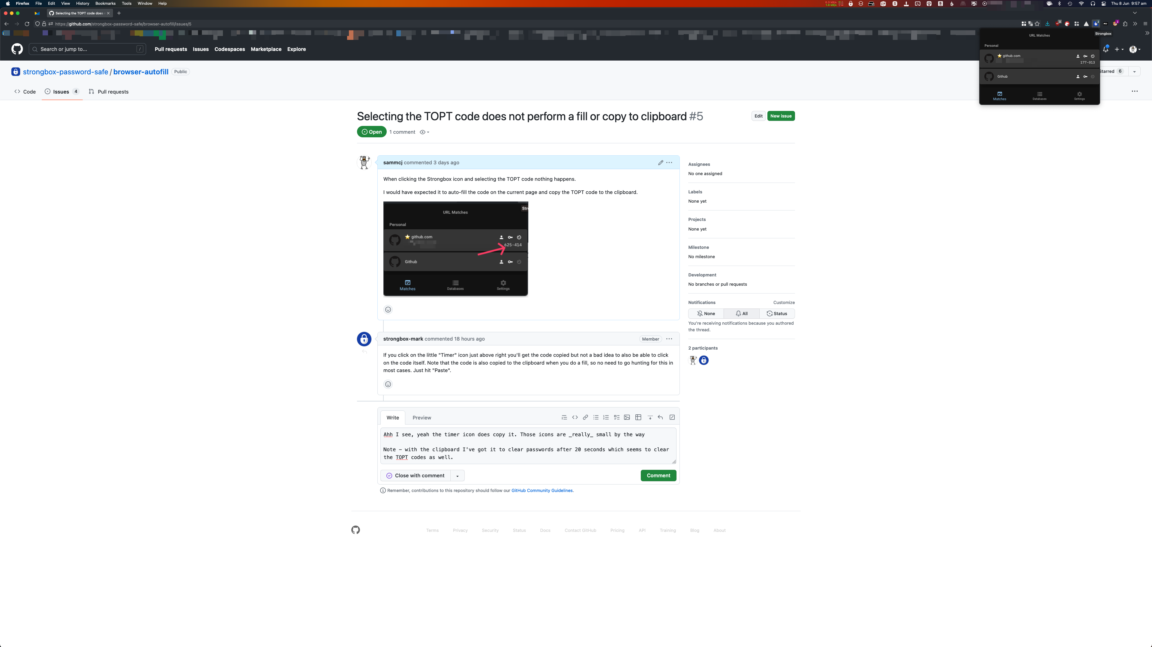 Selecting the TOPT code does not perform a fill or copy to clipboard · Issue #5 · strongbox ...
