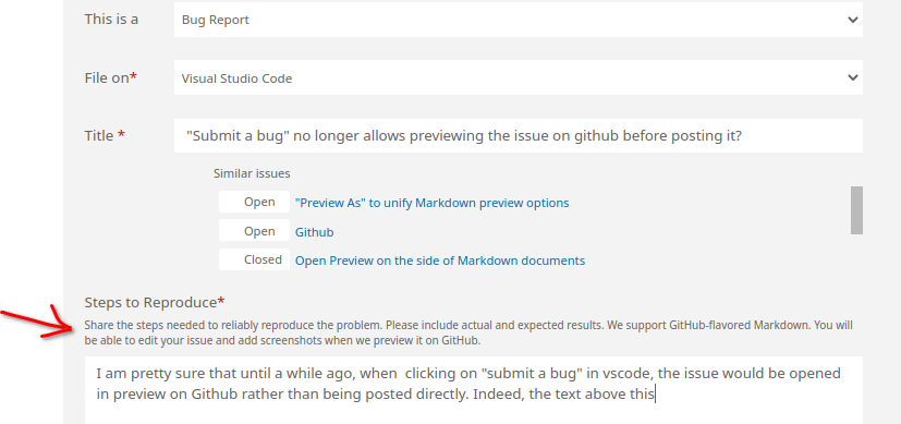 "Submit a bug" no longer allows previewing the issue on github before posting it? · Issue ...