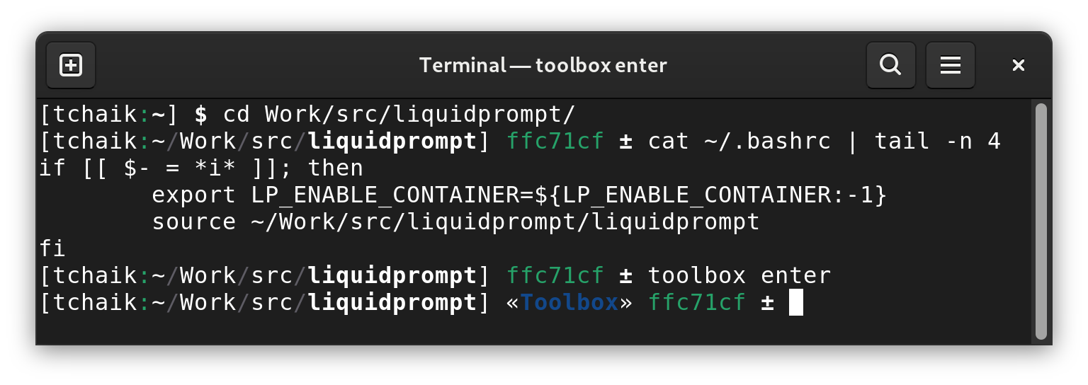 Toolbox containers support? · Issue #612 · liquidprompt/liquidprompt · GitHub