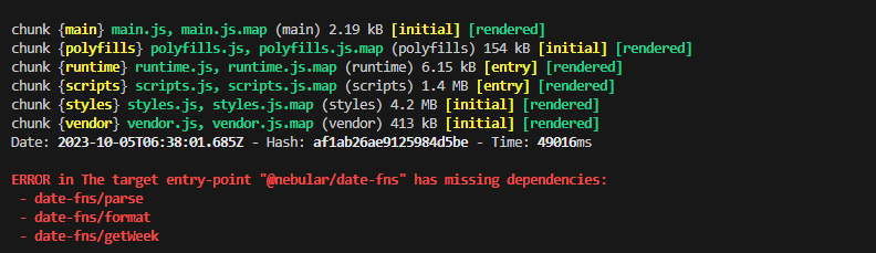 ERROR in The target entry-point "@nebular/date-fns" has missing dependencies: - date-fns/getWeek ...