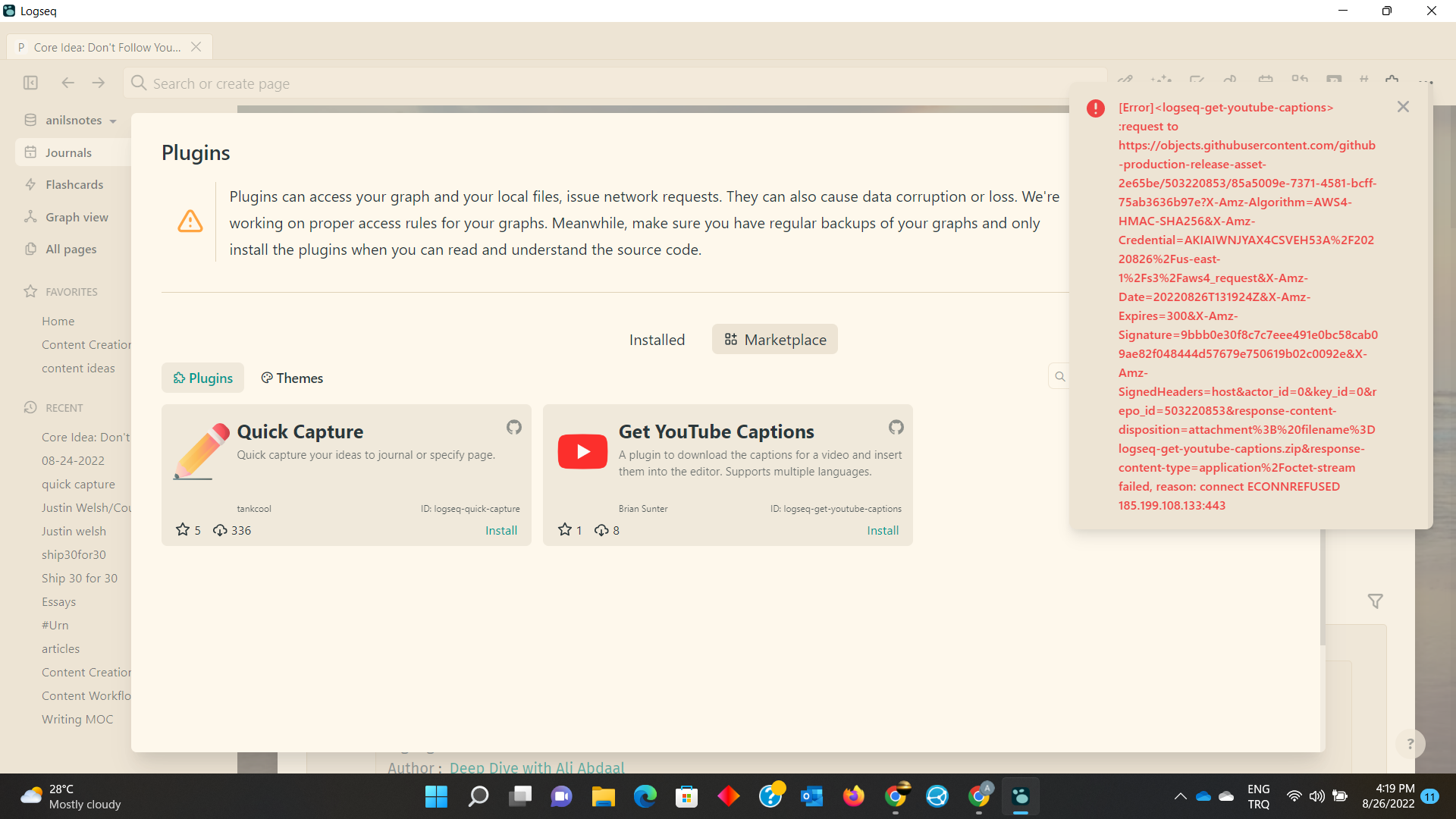 "Warn" error when trying to use the caption command · Issue #5 · briansunter/logseq-get-youtube ...