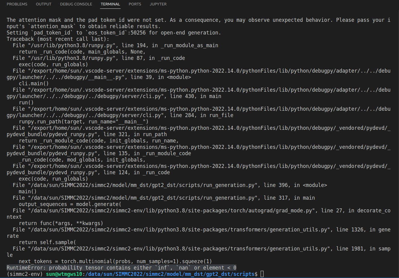 RuntimeError: probability tensor contains either `inf`, `nan` or element