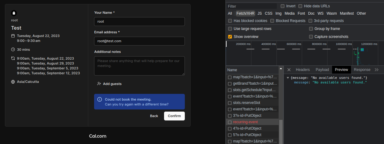[CAL-2517] Recurring Event - Error while booking a meeting. · Issue #10673 · calcom/cal.com · GitHub