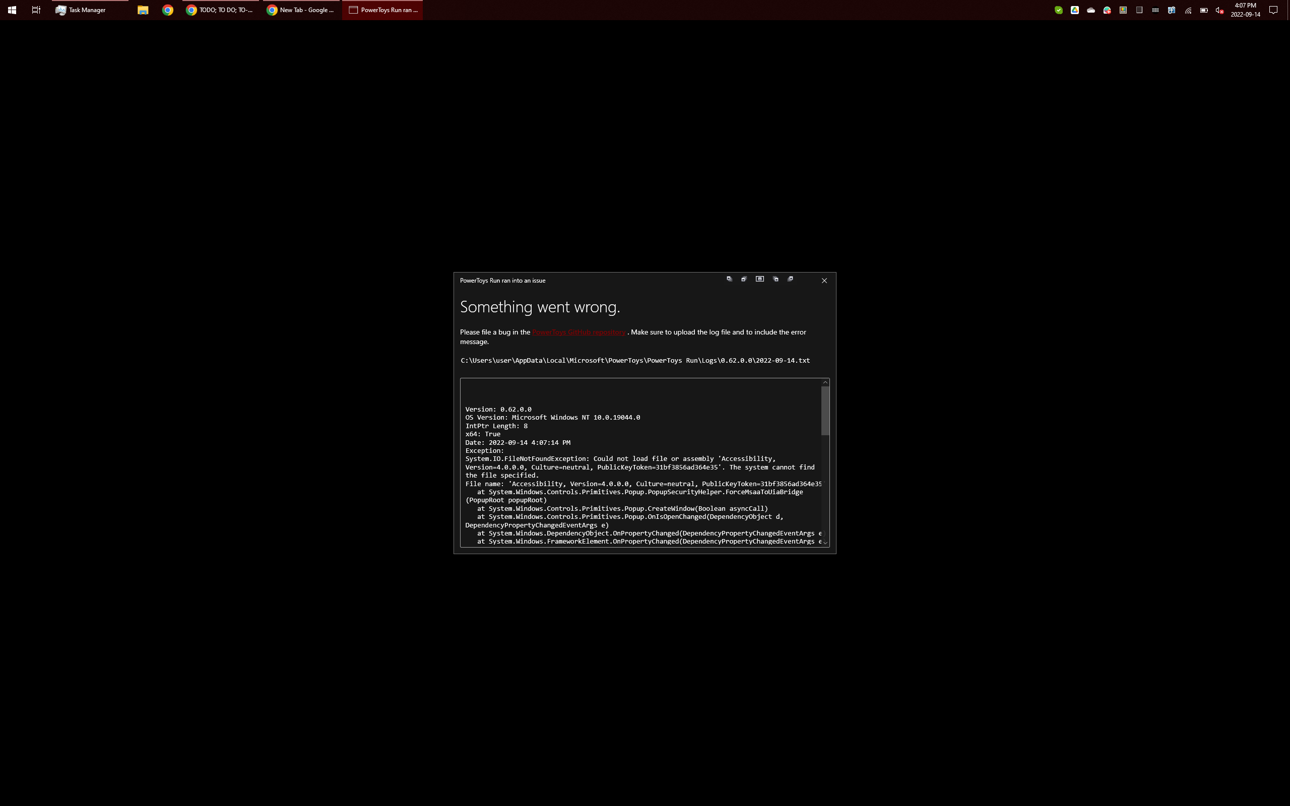 PowerToys Run > Windows Search > "typing search term"> auto bug report request prompt:"something ...
