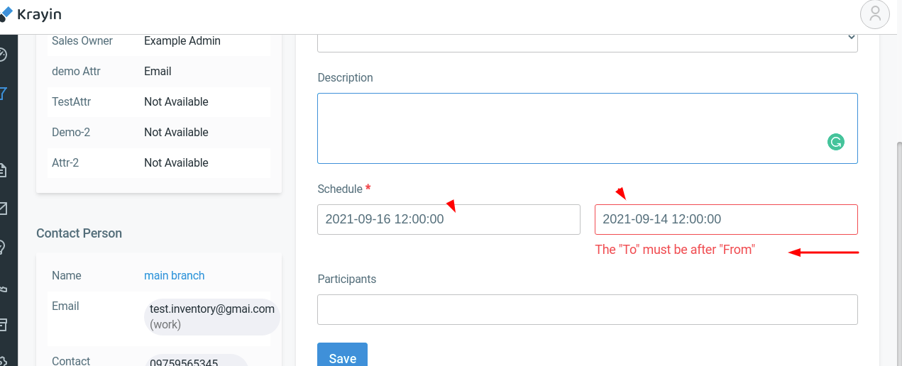 When we creating activity and selecting date in 'To' input box which is less then 'From' date ...