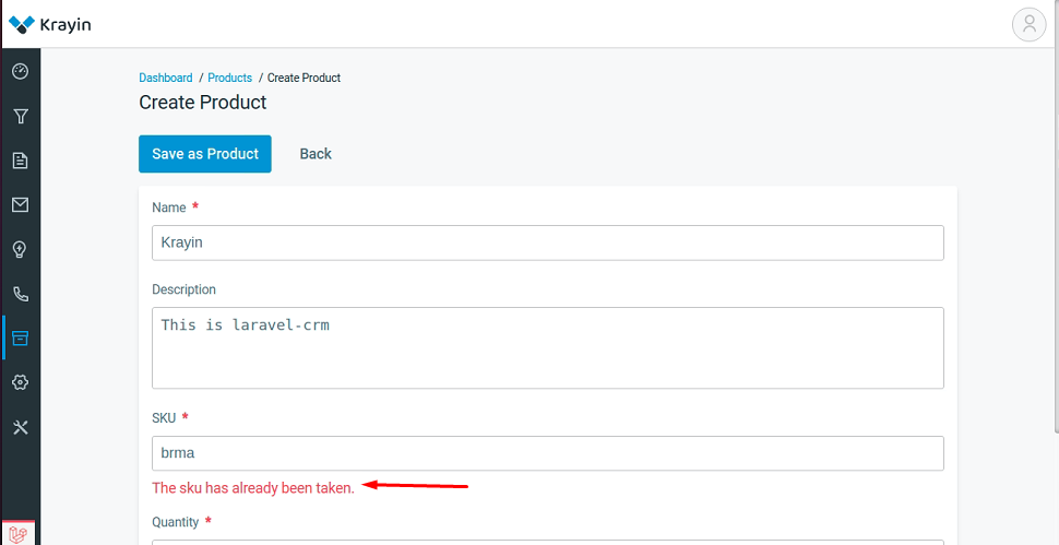 Getting exception while creating product with same sku · Issue #147 · krayin/laravel-crm · GitHub