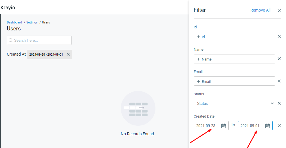 When we filter users by date. then ' created date' input field should not take the date which is ...