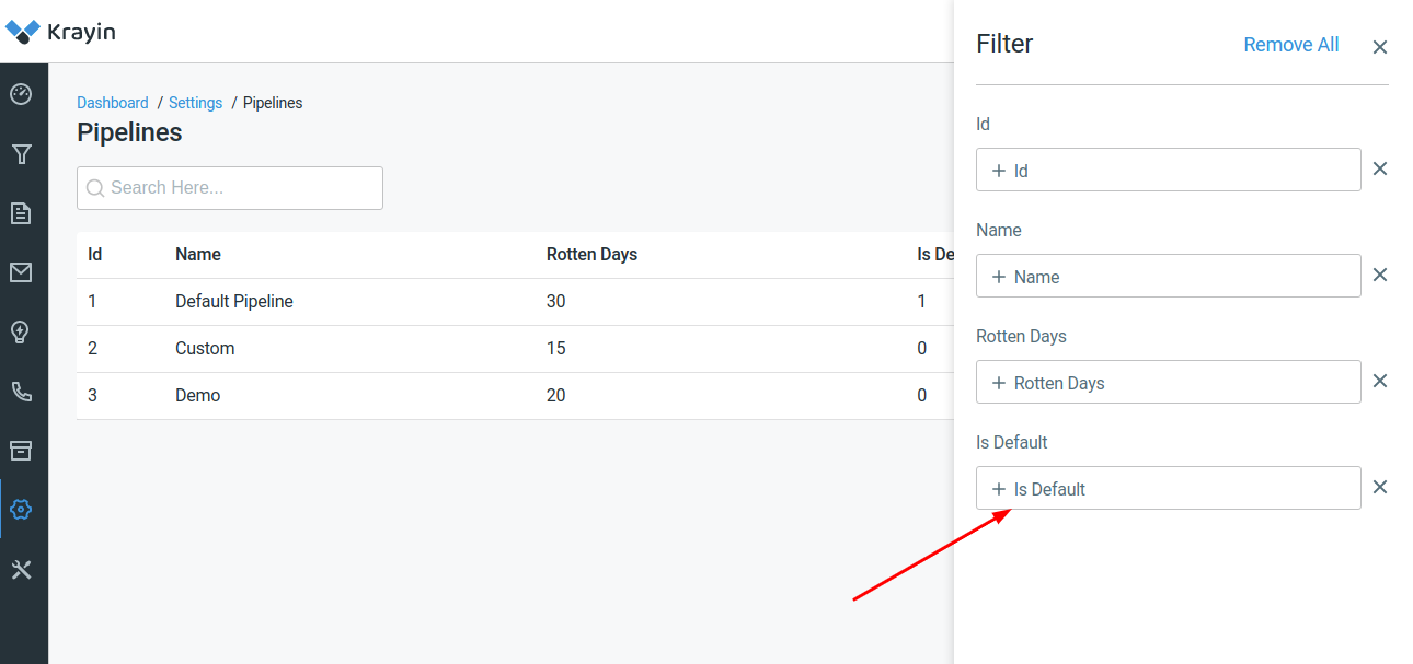 There should be a dropdown instead of the input box when the user trying to filter the pipeline ...
