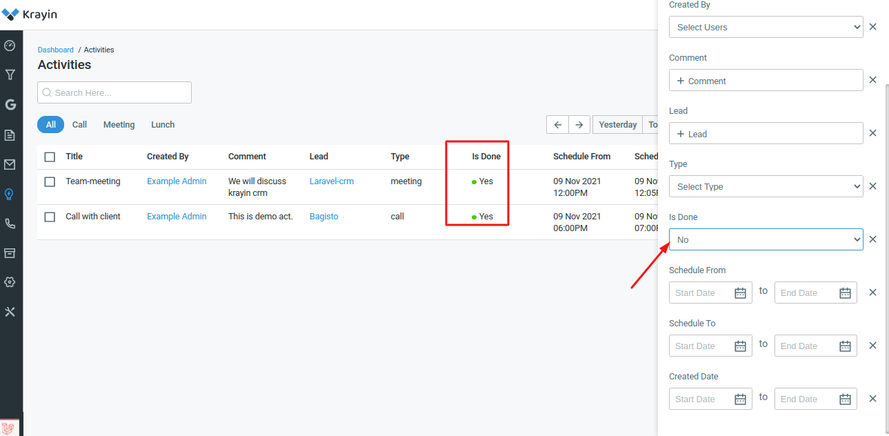 There should be one more option of 'select status' when the user is trying to filter activity by ...
