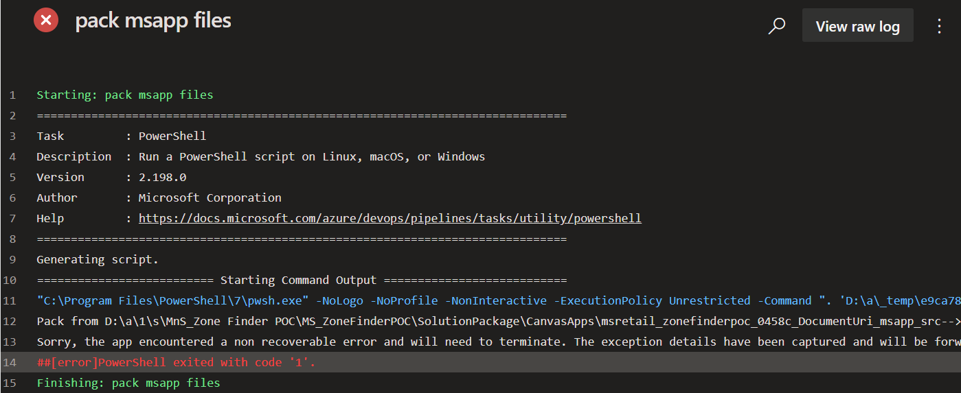 the app encountered a non recoverable error and will need to terminate. Or pack msapp files ...