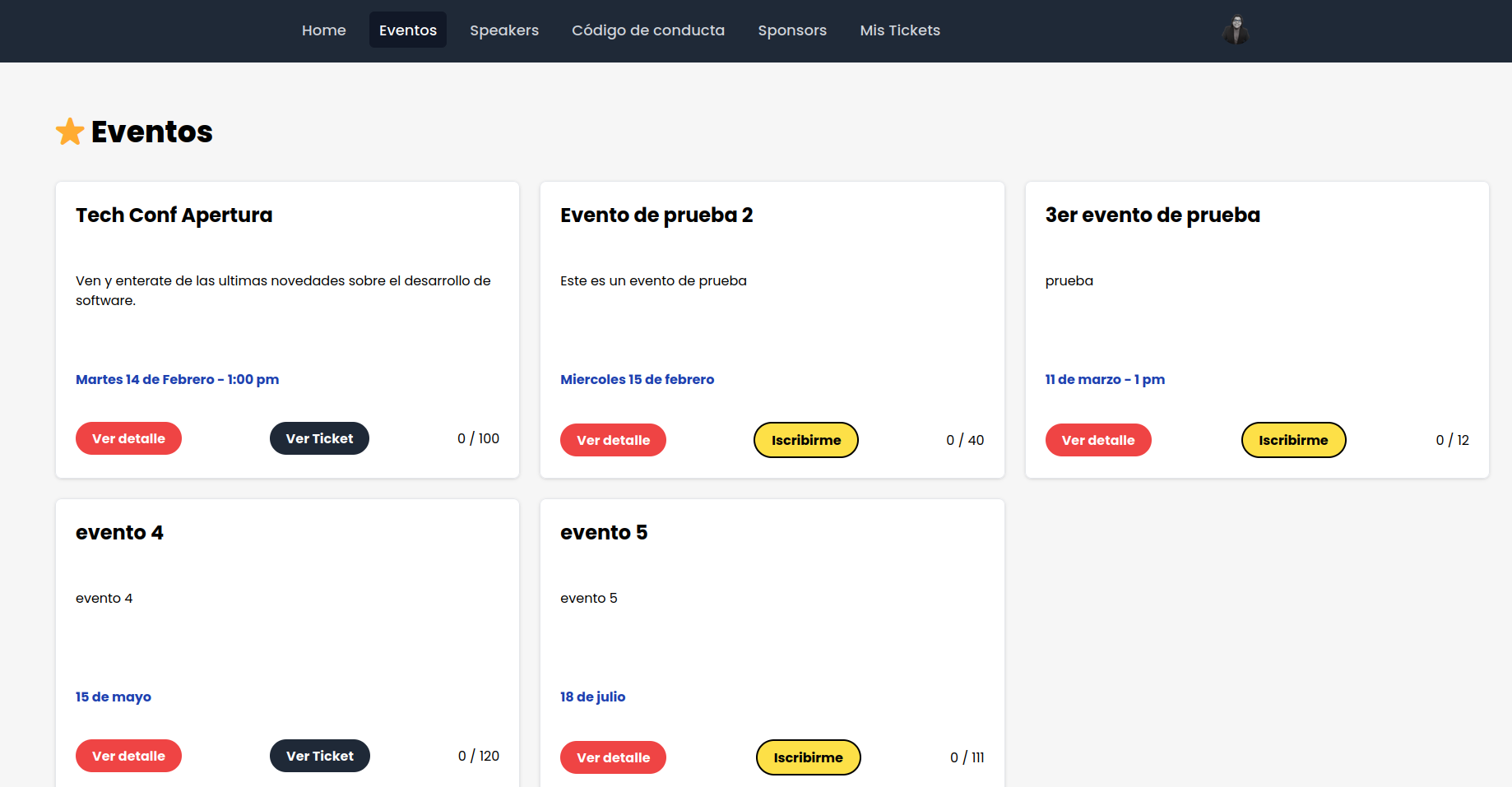 El contador de tickets no está funcionando, y el texto de Inscribirme no está bien escrito ...