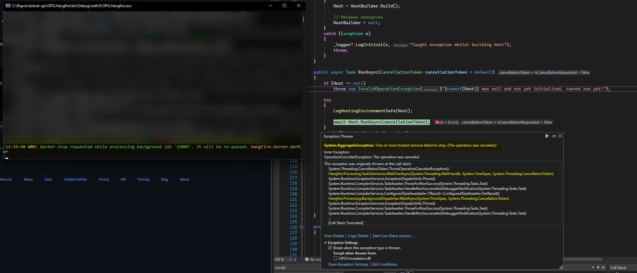 Aggregateexception Operationcanceledexception When Shutting Down Net Core App Hangfire