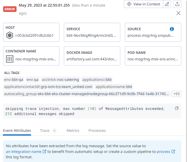 Datadog showing "warning" as "error" when message attribute is more than 10 for SNS record ...