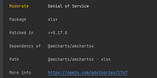 Snyk Vulnerability for xlsx · Issue #3643 · amcharts/amcharts4 · GitHub