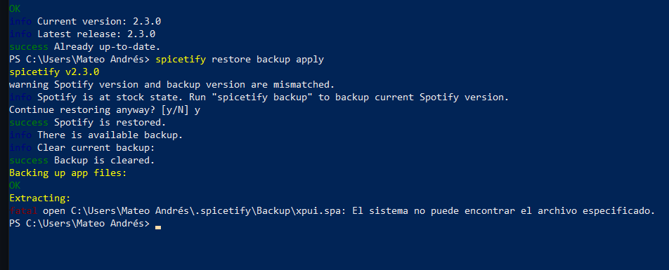 "fatal open C:\Users\USER\.spicetify\Backup\settings.spa: The system cannot find the file ...