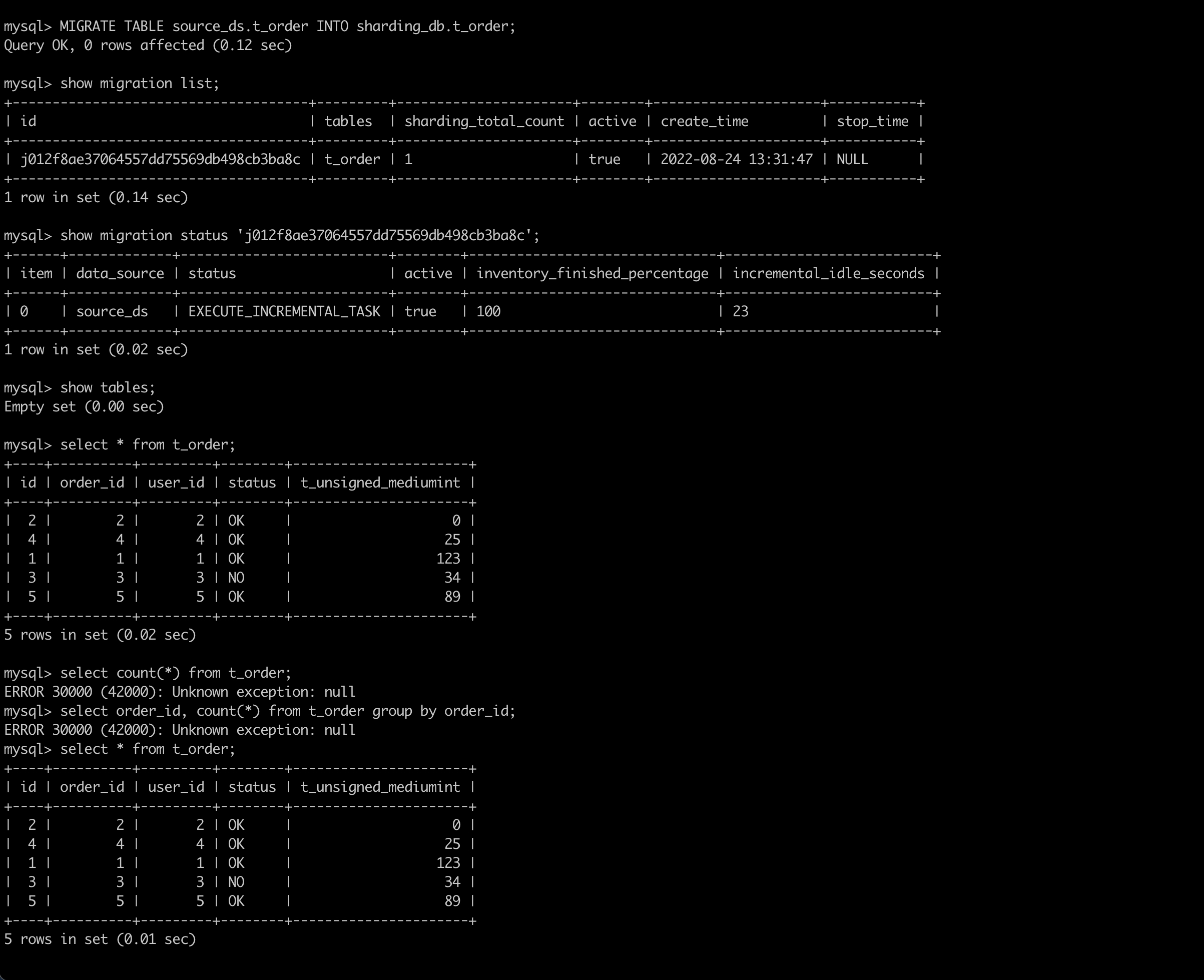 NPE: when execute `MIGRATE TABLE source_ds.t_order INTO sharding_db.t_order;` , `select * from ...