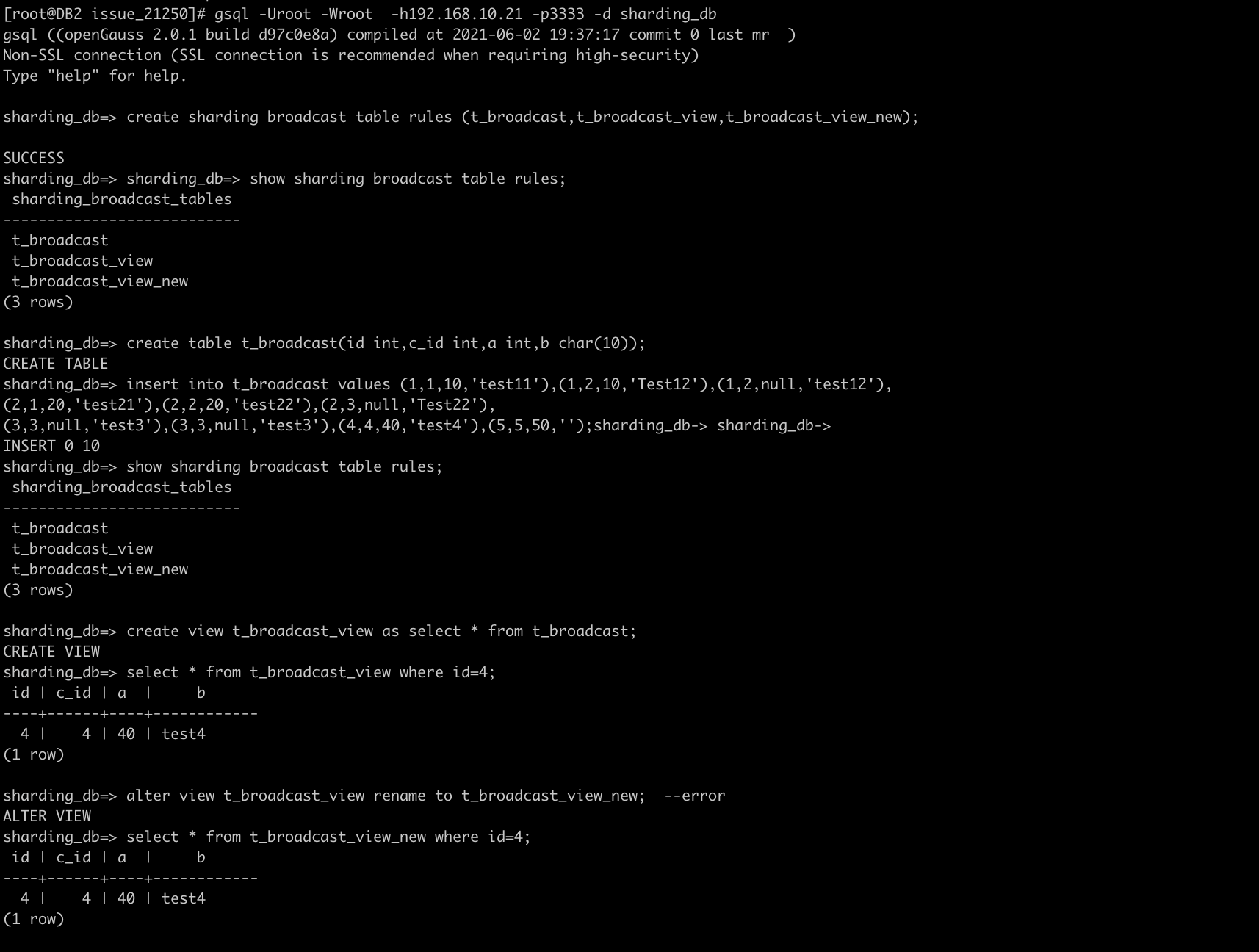 When the alter view name command is executed, "ERROR: String index out of range: -1" is returned ...