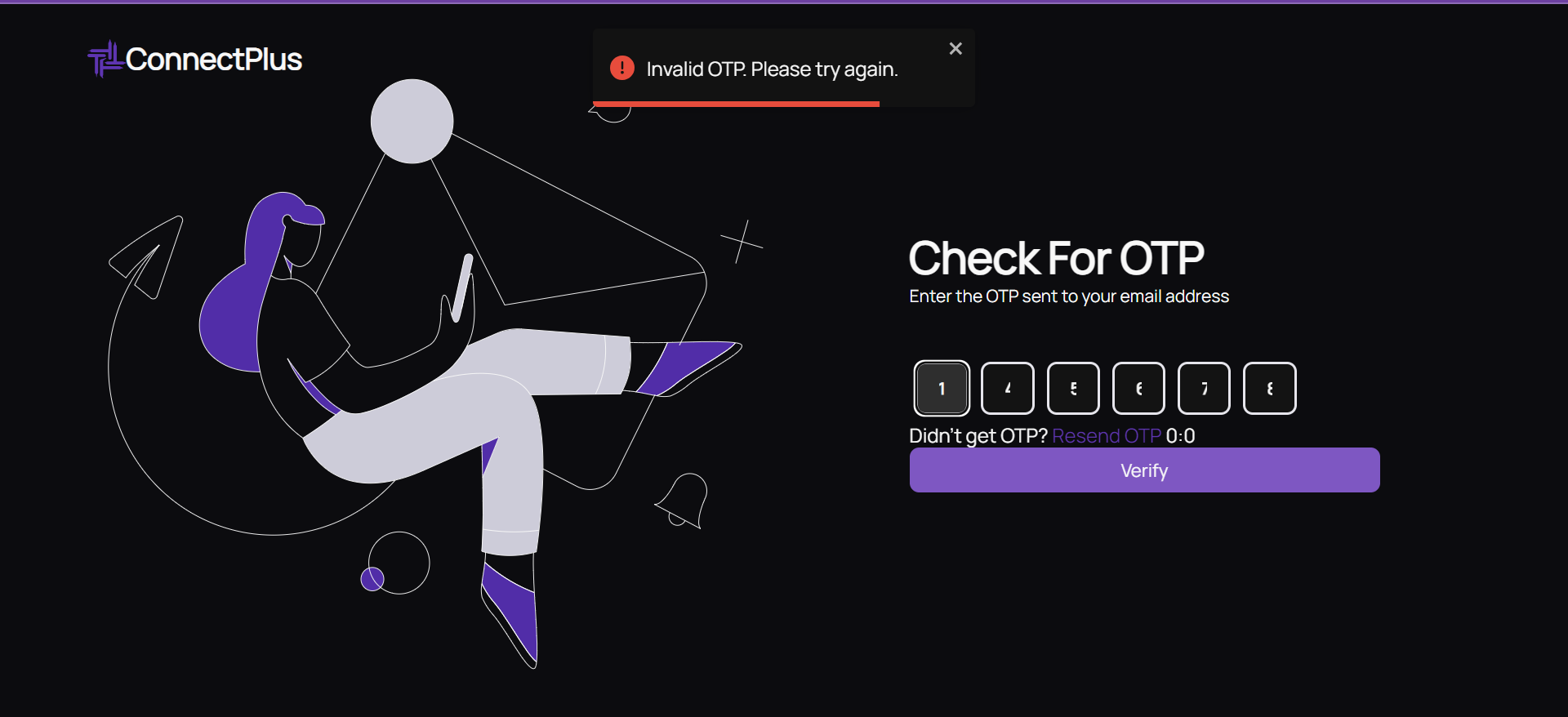 No Alert on entering wrong OTP · Issue #45 · ConnectPlus-Org/ConnectPlus-Frontend · GitHub
