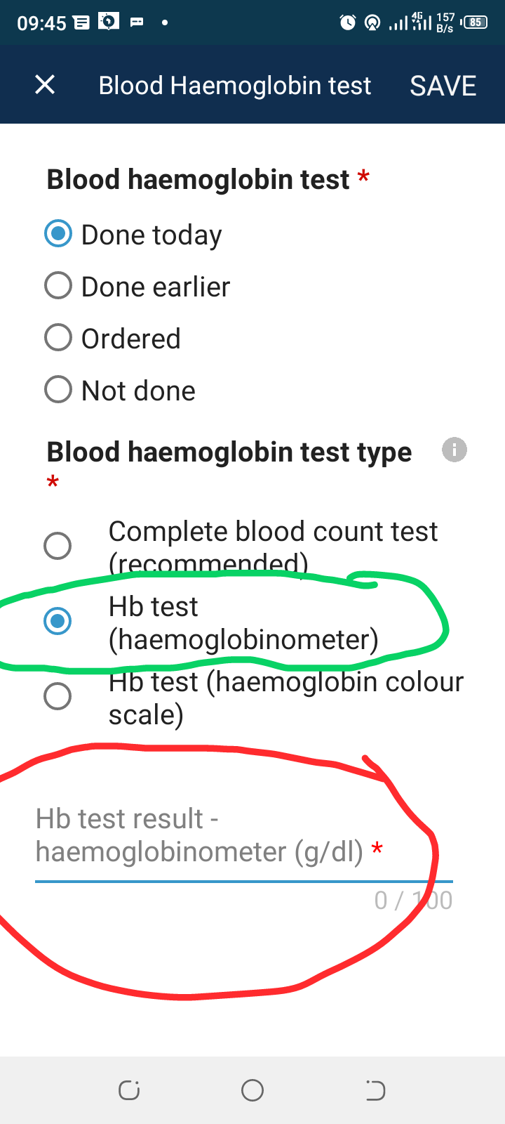 Change the option label "Hb test result - haemoglobinometer (g/dl)" to ...