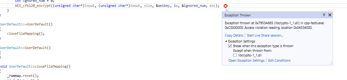 Exception thrown at 0x7953A685 (libcrypto-1_1.dll) in cpp-tests.exe ...