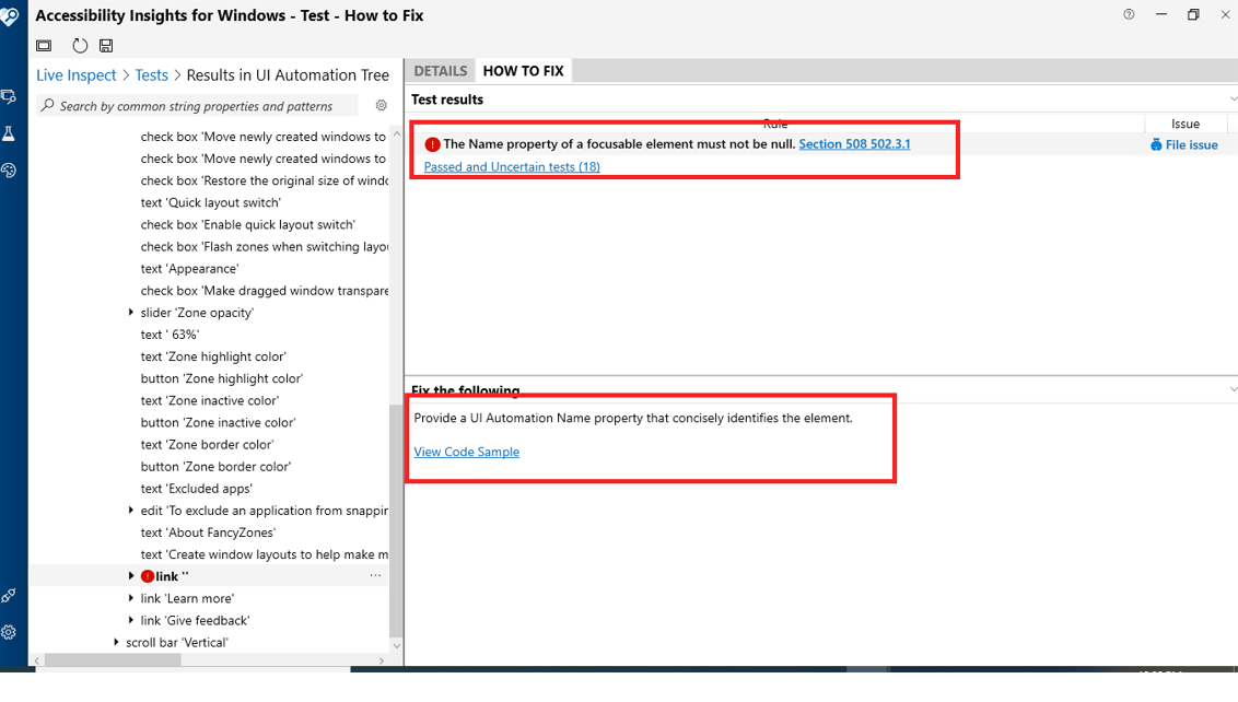 [Screen Readers - Power Toys - FancyZones]: The Name property of a focusable element must not be ...