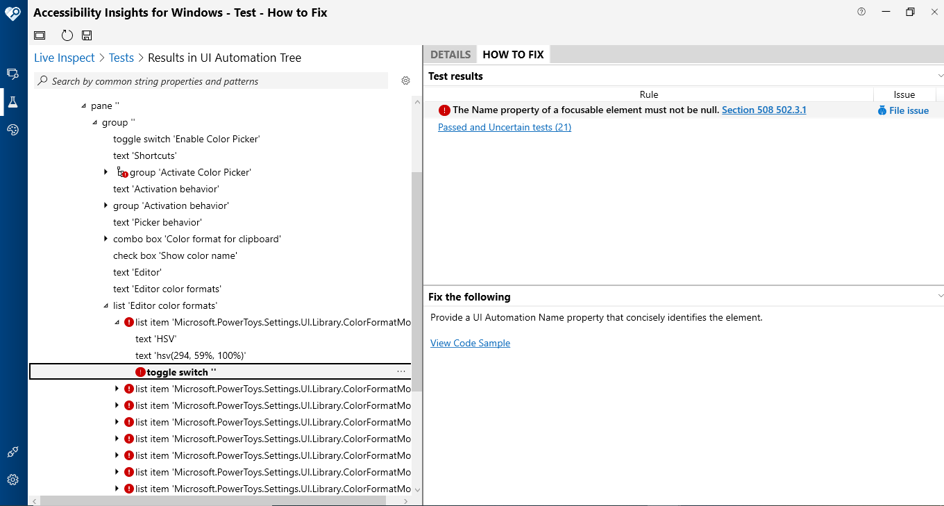 [Screen Readers - Power Toys - Color Picker]: The Name property of a focusable element must not ...