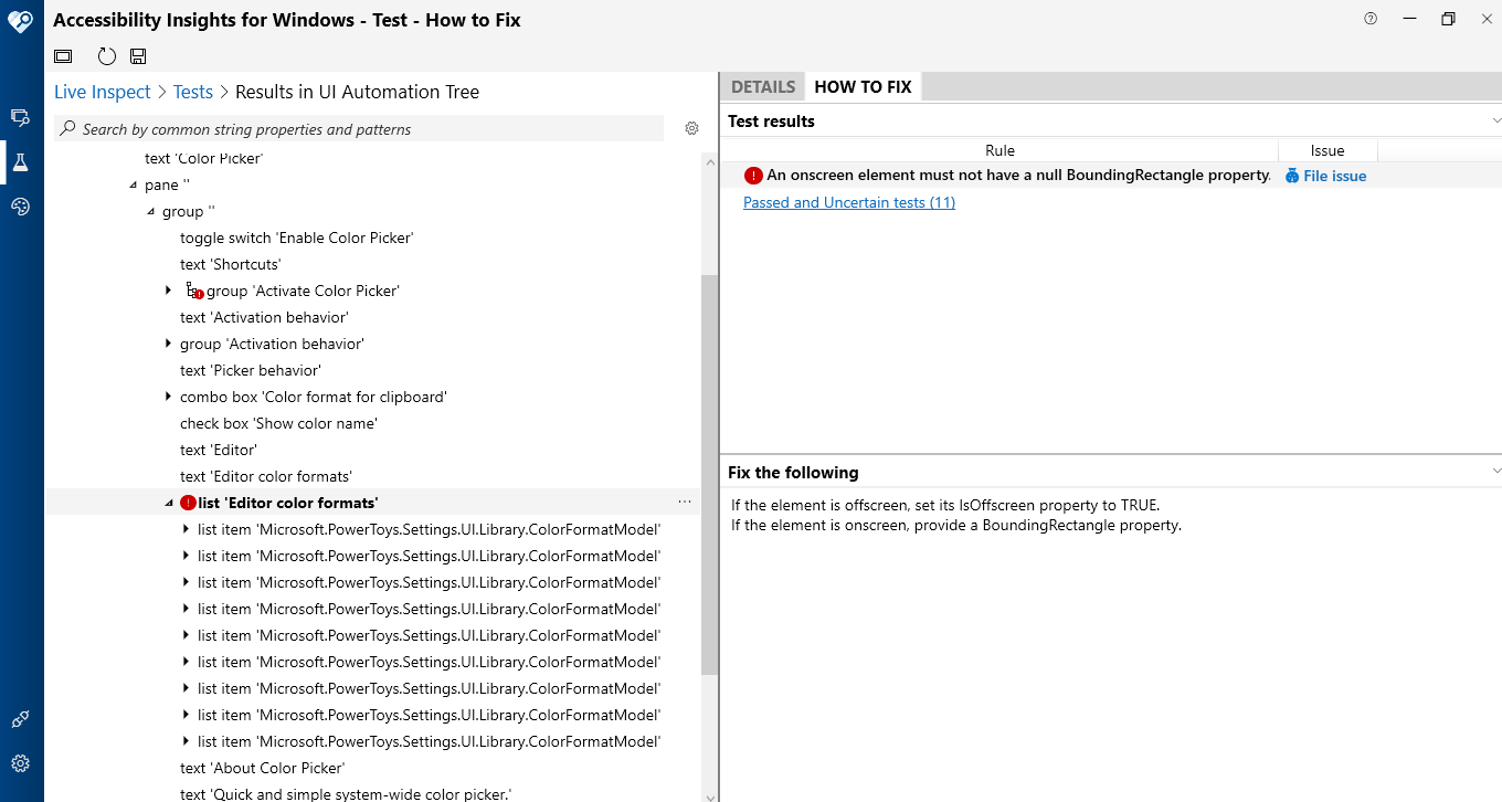[Programmatic Issue - Settings>Color Picker]: An Onscreen element have null bounding rectangle ...