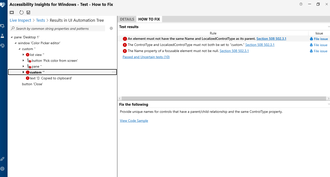 [Screen Readers - Power Toys - Color Picker]: An element must not have the same Name and ...