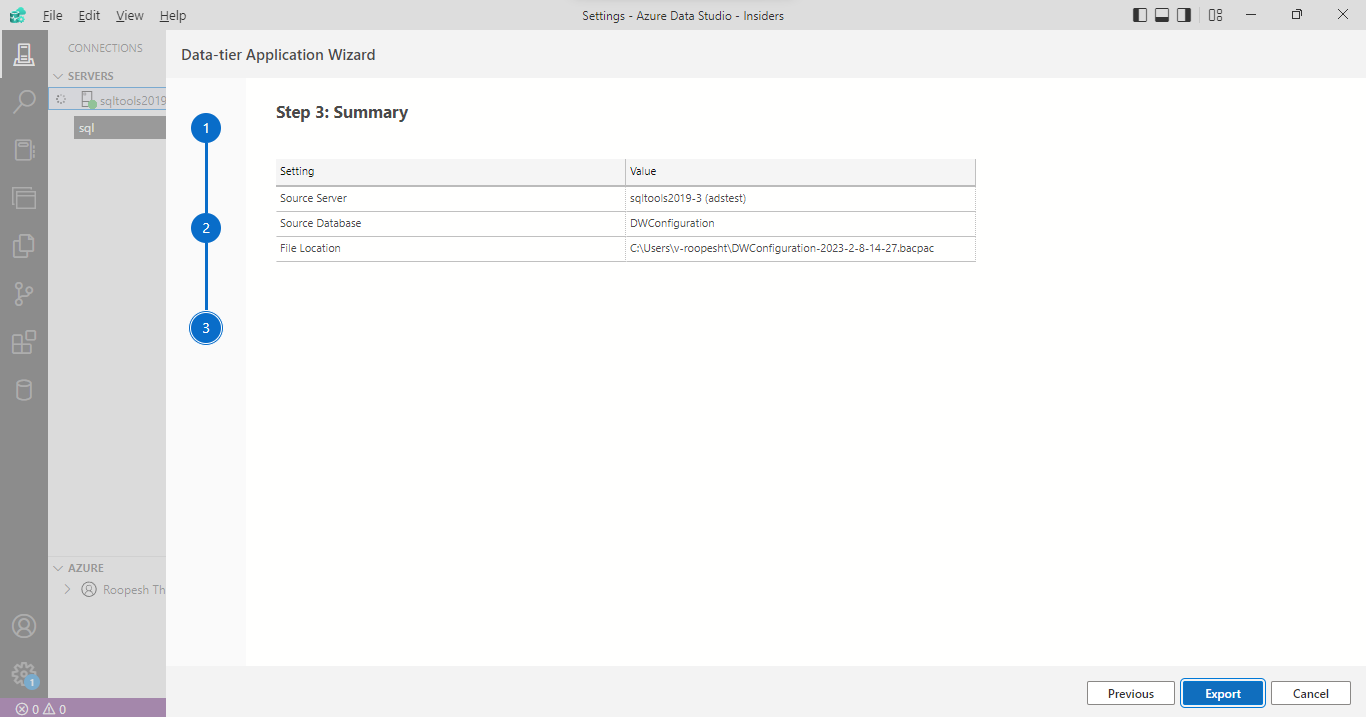 A11y_SQLAzureDataStudio_ExportBacpac_SummaryScreen_Keyboard:The data in the last column is not ...