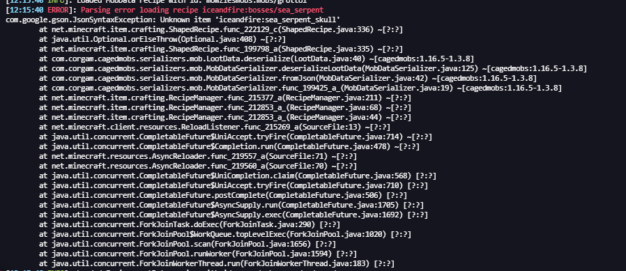 [12:17:04 WARN]: defineId called for: class com.github.alexthe666.iceandfire.entity ...
