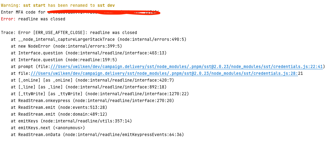 CLI: sst dev throws error, when committing MFA on Node18 · Issue #2500 · sst/sst · GitHub