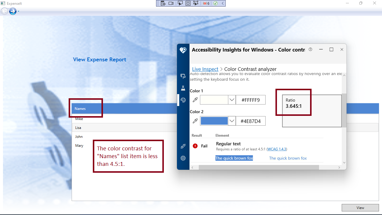A11y_.NET Core_WPF_ExpenseItIntro_ViewExpenseReport_Contrast: The color contrast for "Names ...