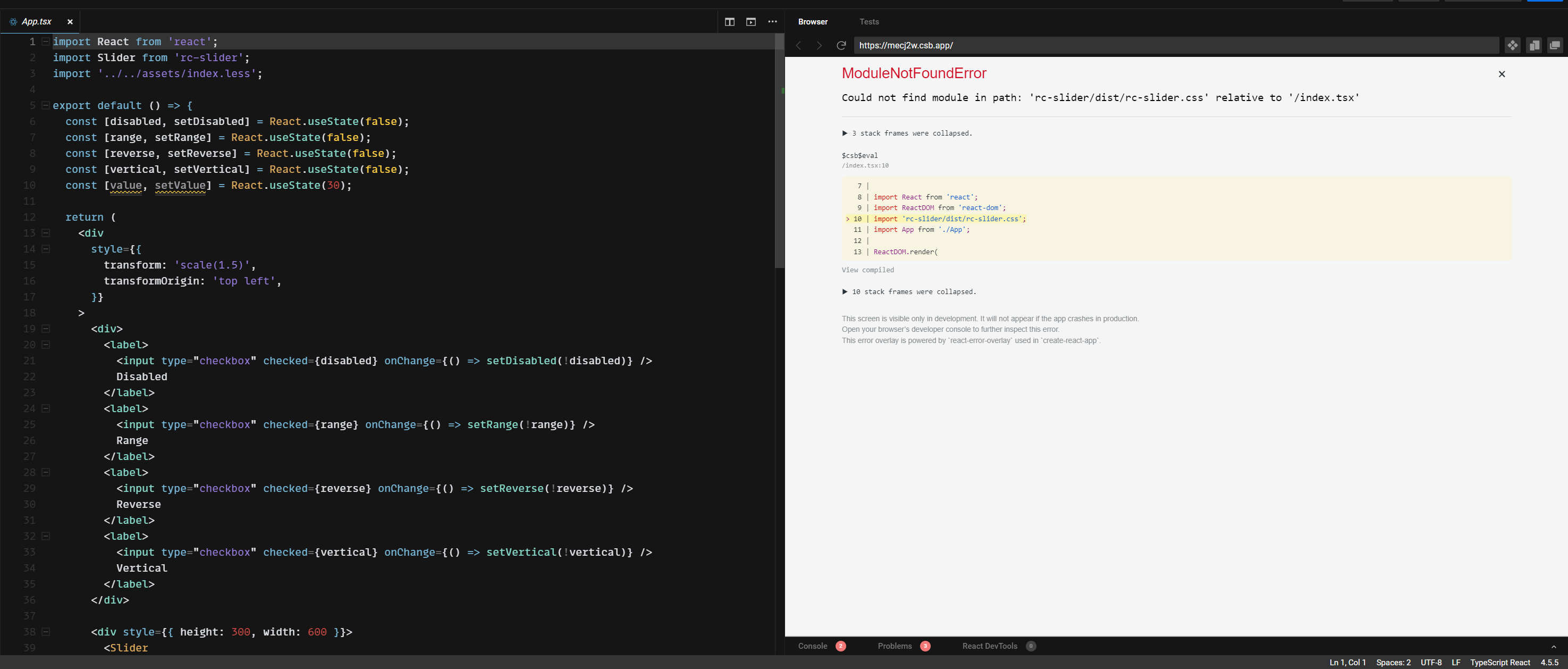 The library is broken, codesandox example doesn't open up · Issue #818 · react-component/slider ...