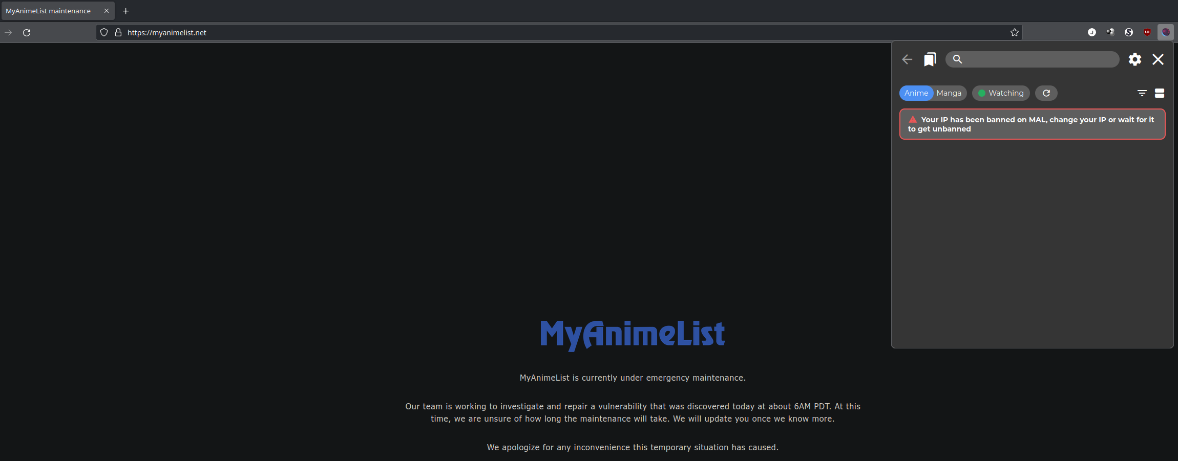 MAL maintenance shows up as IP being banned · Issue #1799 · MALSync/MALSync · GitHub