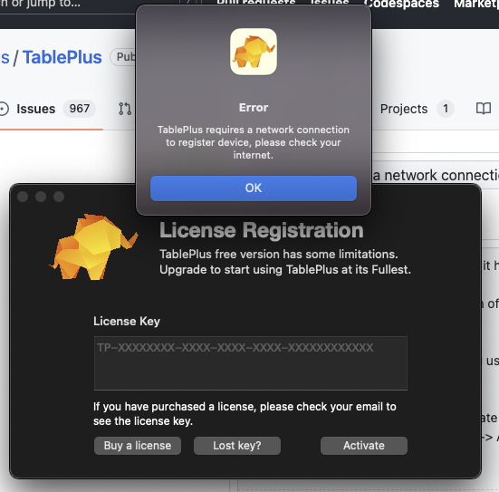 TablePlus requires a network connection to register device, please check your internet · Issue ...